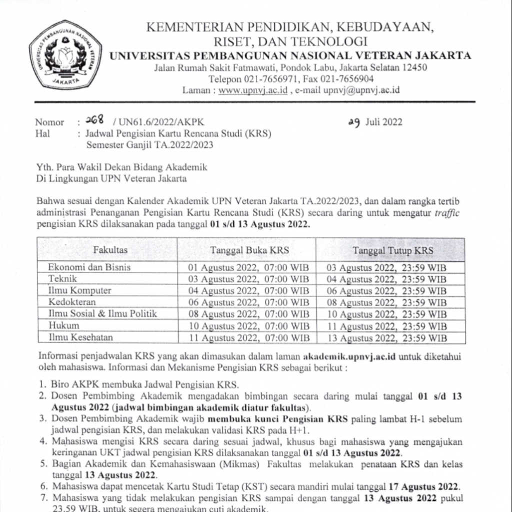 Pengumuman Mengenai Pengisian Kartu Rencana Studi (KRS) Tahun Ajaran 2022/2023 - Fakultas Teknik ...