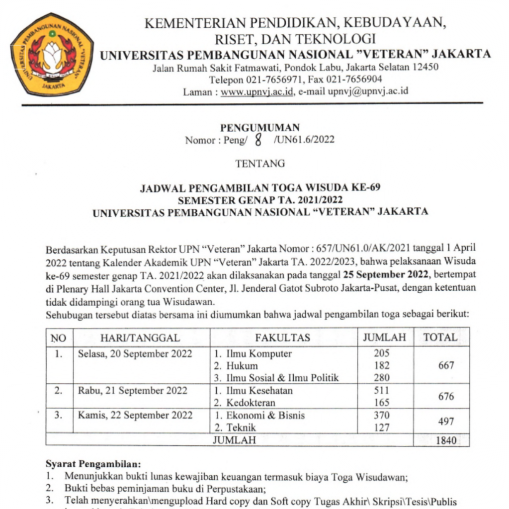 Pengumuman Mengenai Jadwal Pengambilan Toga Bagi Calon Wisudawan Ke-69 ...